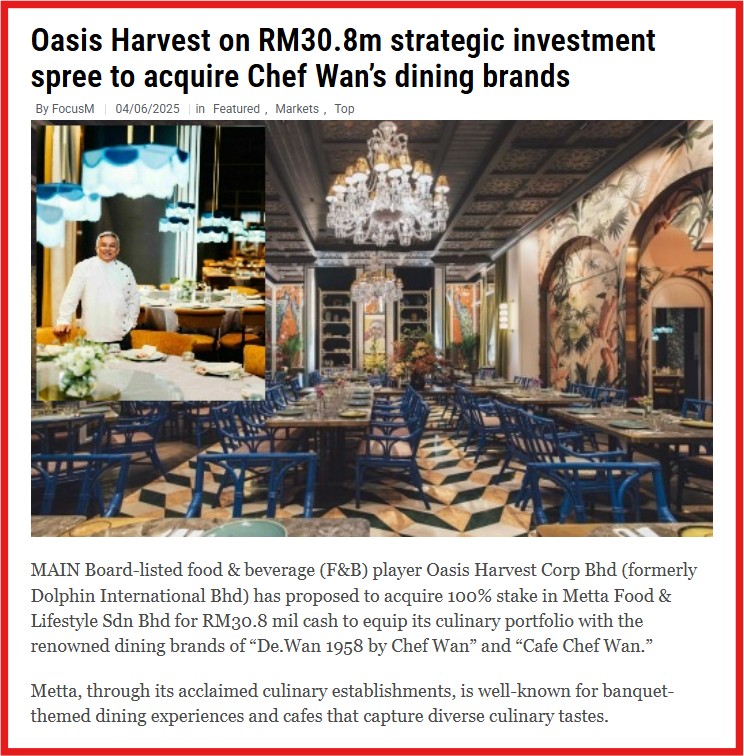 Oasis Harvest acquires operator of De.Wan 1958 and Café Chef Wan for ...