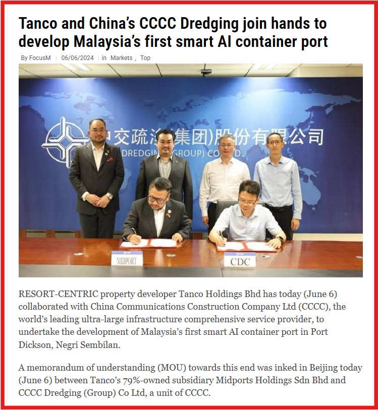 Tanco inks RM3.53b EPC framework with China’s Fortune 500 CCCC for ...