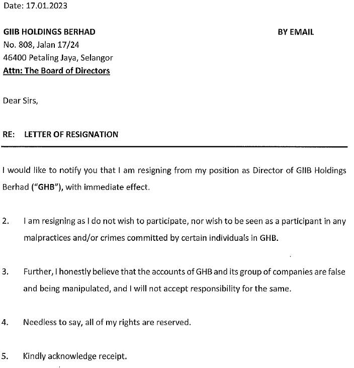 “I resigned from GIIB Holdings to avoid partaking in fraudulent ...