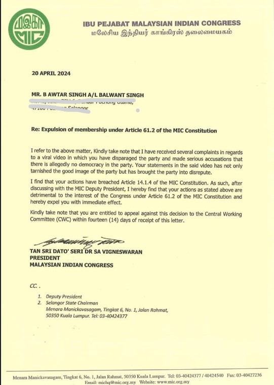 MIC expels motor-mouth Puchong div chief Awtar Singh for claiming ...