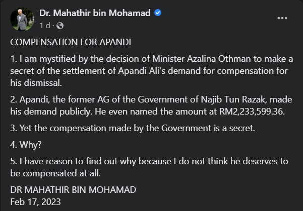 Kit Siang: Reverse decision to keep Apandi’s dismissal suit settlement as official secret