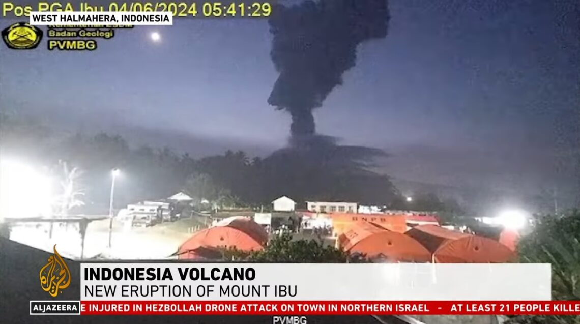 Indonesia’s Ibu volcano erupts twice, spewing red-hot lava