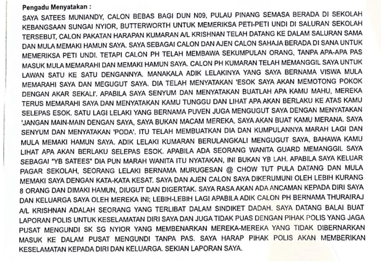 Bagan Dalam indie candidate lodges police report after being heckled at ...