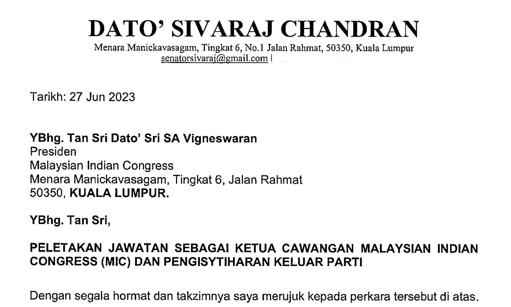 MIC’s only Dewan Negara rep quits his party after being perceived as a threat to current leadership