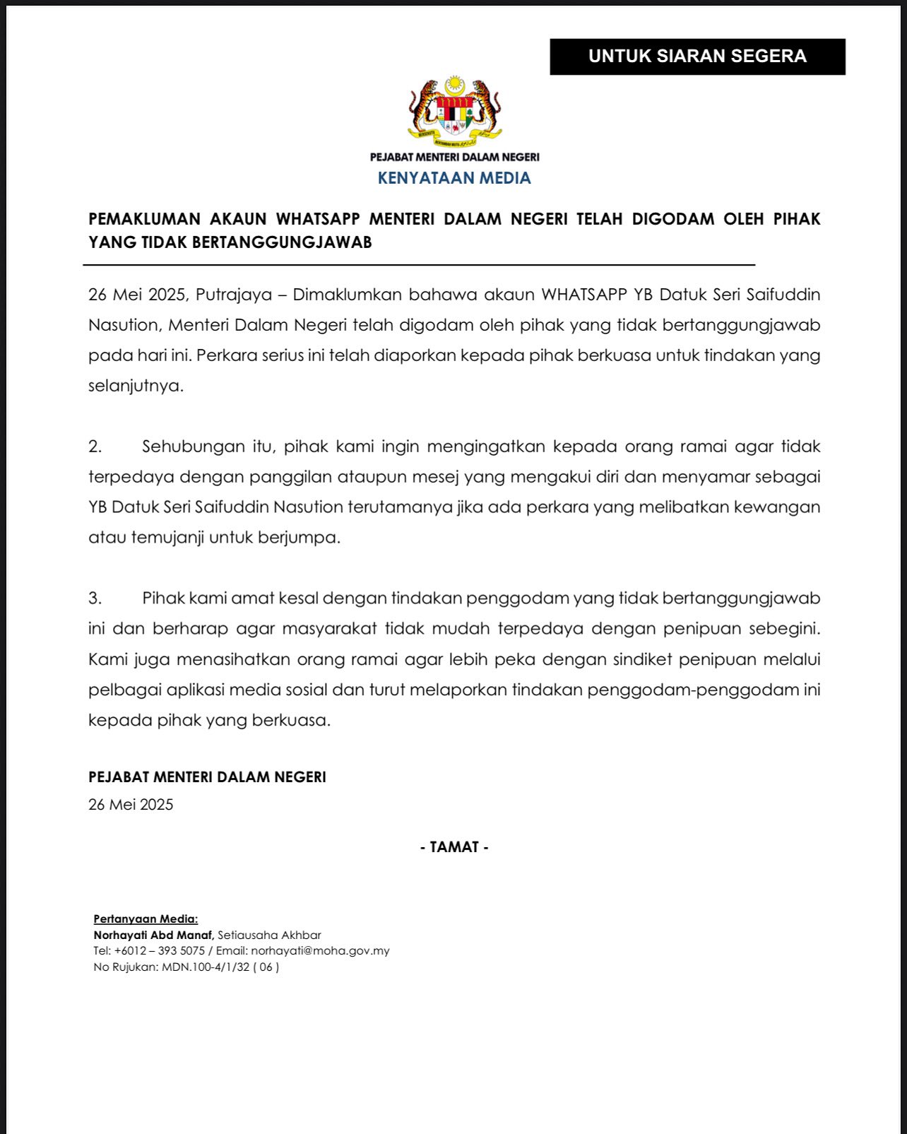 “Ironic that Home Minister Saifuddin is unable to protect his own phone from hackers”