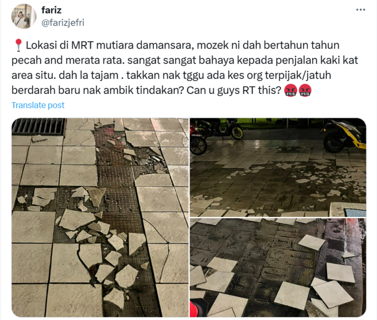 Broken tiles at MRT station ignored for years, claims netizen