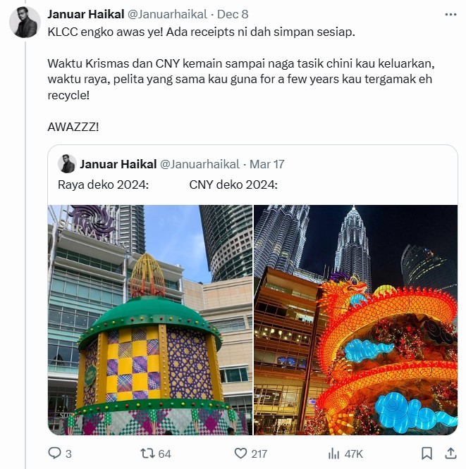 Netizen wants vibrant Christmas, CNY decor at KL malls to be reciprocated for Hari Raya